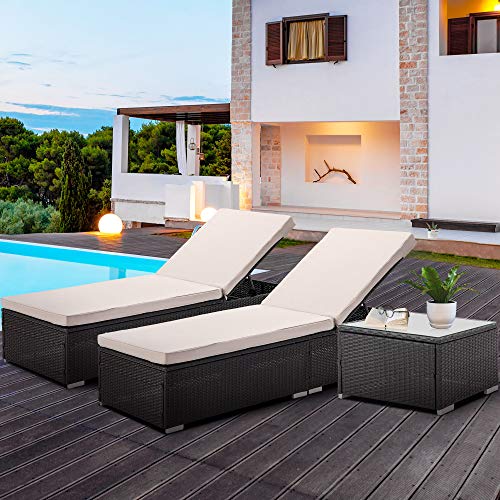 3 Pieces Patio Furniture Sets, Outdoor Patio PE Wicker Chaise Lounge Set, Reclining Adjustable Pool Rattan Chaise Lounge Chair with Coffee Table and 2 Cushions