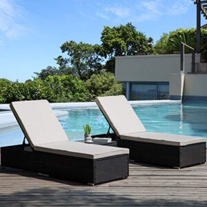 3 Pieces Patio Furniture Sets, Outdoor Patio PE Wicker Chaise Lounge Set, Reclining Adjustable Pool Rattan Chaise Lounge Chair with Coffee Table and 2 Cushions