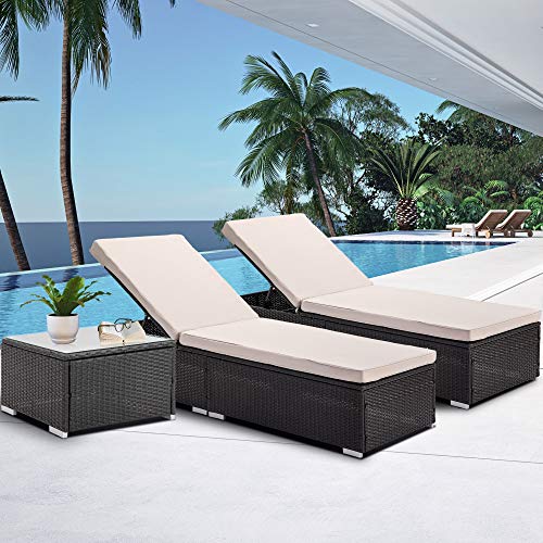 3 Pieces Patio Furniture Sets, Outdoor Patio PE Wicker Chaise Lounge Set, Reclining Adjustable Pool Rattan Chaise Lounge Chair with Coffee Table and 2 Cushions