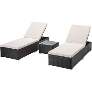 3 Pieces Patio Furniture Sets, Outdoor Patio PE Wicker Chaise Lounge Set, Reclining Adjustable Pool Rattan Chaise Lounge Chair with Coffee Table and 2 Cushions