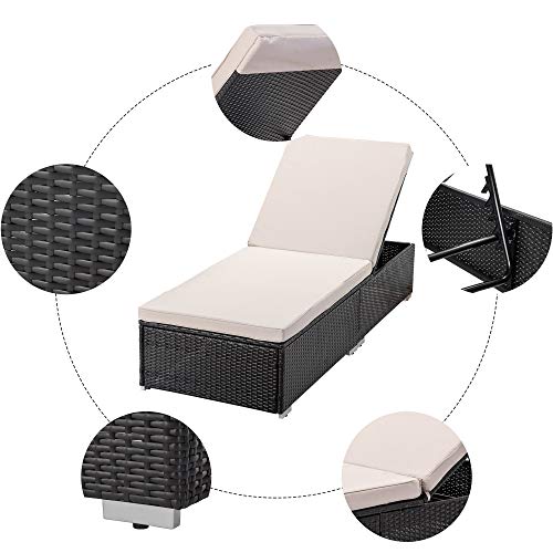 3 Pieces Patio Furniture Sets, Outdoor Patio PE Wicker Chaise Lounge Set, Reclining Adjustable Pool Rattan Chaise Lounge Chair with Coffee Table and 2 Cushions