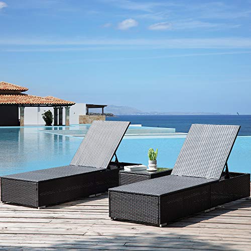 3 Pieces Patio Furniture Sets, Outdoor Patio PE Wicker Chaise Lounge Set, Reclining Adjustable Pool Rattan Chaise Lounge Chair with Coffee Table and 2 Cushions