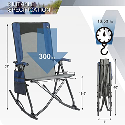 PORTAL Folding Camping Rocking Chairs with High Back Hard Armrest Support 300 lbs, Blue, 18" D x 22.5" W x 59" H