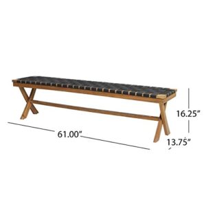 Christopher Knight Home Jeffery Outdoor Acacia Wood Bench with Rope Seating, Black and Teak 61x13.75x16.25 inches