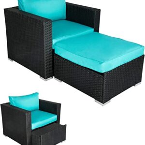 Kinsunny Wicker Furniture Single Chair with Ottoman, Black PE Wicker Additional Seats for Sectional Sofa