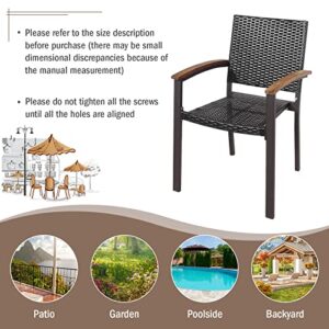 Tangkula 2 Pieces Outdoor PE Wicker Stackable Chairs, Patio Dining Chairs with Solid Acacia Wood Armrests, Indoor Outdoor Bistro Chairs for Garden, Poolside and Backyard (1, Mix Brown)