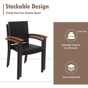 Tangkula 2 Pieces Outdoor PE Wicker Stackable Chairs, Patio Dining Chairs with Solid Acacia Wood Armrests, Indoor Outdoor Bistro Chairs for Garden, Poolside and Backyard (1, Mix Brown)