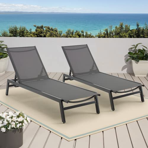 EROMMY Outdoor Chaise Lounge Chairs, Set of 2 All-Weather Patio Loungers with 5-Position Adjustable Backrest & Removable Cushions & Wooden Texture Design, Reclining Chair for Beach, Poolside, Balcony