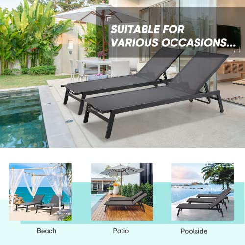 EROMMY Outdoor Chaise Lounge Chairs, Set of 2 All-Weather Patio Loungers with 5-Position Adjustable Backrest & Removable Cushions & Wooden Texture Design, Reclining Chair for Beach, Poolside, Balcony