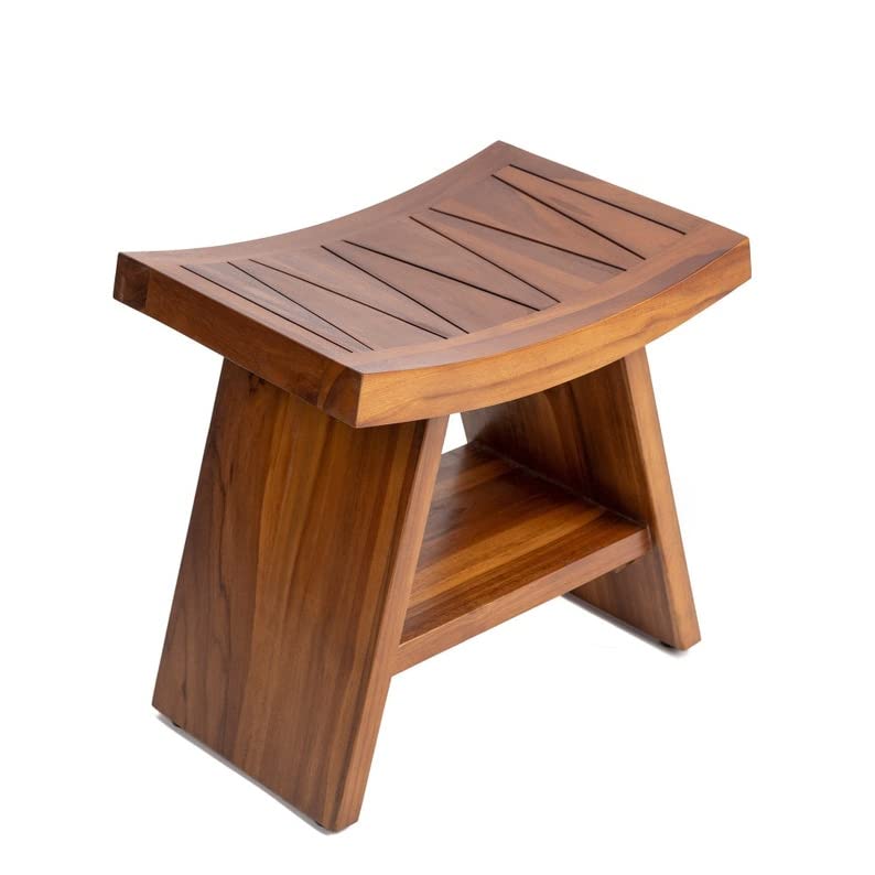 MYBAQ Teak Shower Bench - with Shelf, Curved, 18 Inch, Teak Shower Wood Stool for Bathroom, Spa, Garden, Fully Assembled