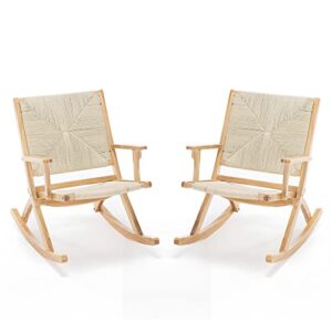 LUE BONA Indoor/Outdoor Handmade Relax Rocking Chair, 2 PcsComfy Rocker Chair Solid Wood Modern Accent Rocking Glider Chair with Rush Weave for Living Room, Bedroom, Balcony, Patio.