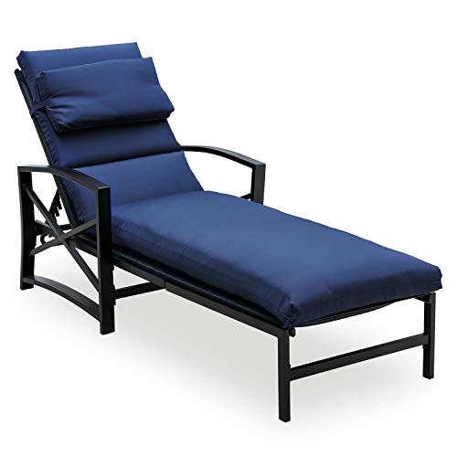 PatioFestival Patio Lounge Chair Outdoor Cushioned Chaise Lounger with Adjustable Back 3.1" Thickness Long Cushion All Weather Frame(Blue)