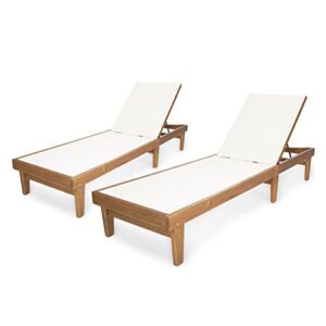 christopher knight home shiny outdoor wood chaise lounge (set of 2), teak finish/white mesh