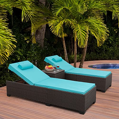 Valita Outdoor PE Wicker Chaise Lounge Set Patio Rattan Adjustable Reclining Lounge Chairs with Cushions and Matching Storage Table, Turquoise