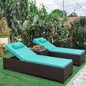 Valita Outdoor PE Wicker Chaise Lounge Set Patio Rattan Adjustable Reclining Lounge Chairs with Cushions and Matching Storage Table, Turquoise