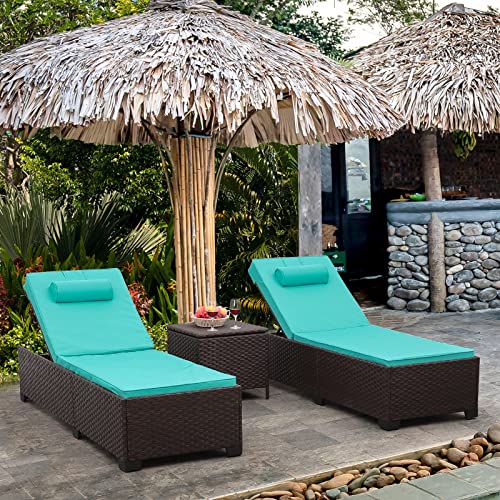 Valita Outdoor PE Wicker Chaise Lounge Set Patio Rattan Adjustable Reclining Lounge Chairs with Cushions and Matching Storage Table, Turquoise