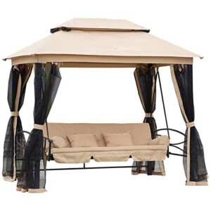 outsunny 3-seat patio swing chair, outdoor gazebo swing with double tier canopy, mesh sidewalls, cushioned seat and pillows, beige