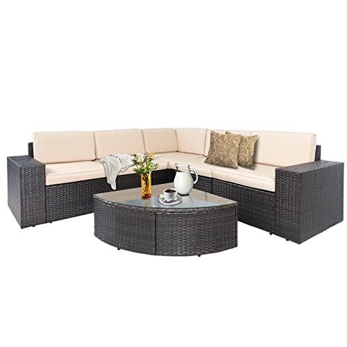 SUNCROWN 6-Piece Outdoor Sectional Patio Sofa Furniture Set, All-Weather Brown Wicker Conversation Set with Washable Cushions and Wedge Coffee Table, Beige