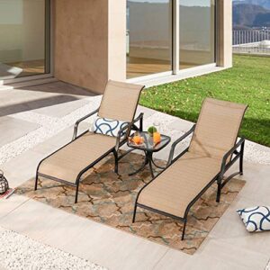 LOKATSE HOME Outdoor Patio Adjustable Metal Chaise Lounge Chair Recliner Set of 2 with 1 Glass Top Bistro Table, Beige