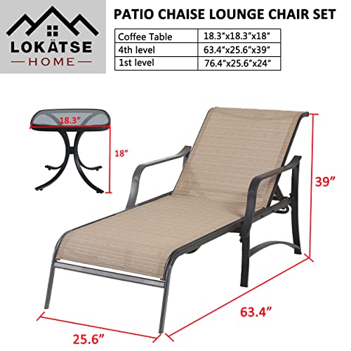 LOKATSE HOME Outdoor Patio Adjustable Metal Chaise Lounge Chair Recliner Set of 2 with 1 Glass Top Bistro Table, Beige