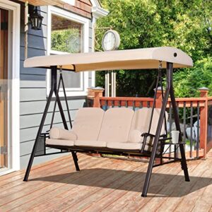 Outsunny 3-Seat Patio Swing Chair, Outdoor Porch Swing Glider with Adjustable Canopy, Removable Cushion, Pillows and Side Trays, for Garden, Poolside, Backyard, Beige