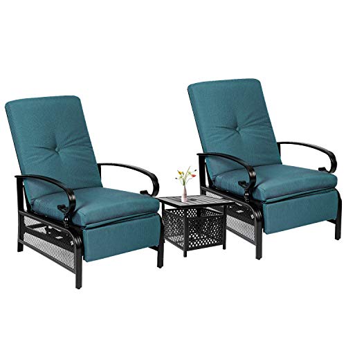 Incbruce 3-Piece Outdoor Lounge Chair Set, 2 Stretching Sofa Chairs and 1 Umbrella Stand Side Square Table, Adjustable Patio Lounge Recliner Set for Garden, Pool, Yard - Peacock Blue