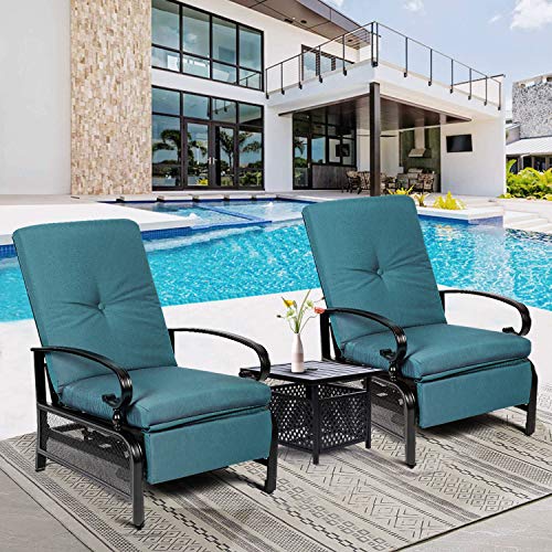 Incbruce 3-Piece Outdoor Lounge Chair Set, 2 Stretching Sofa Chairs and 1 Umbrella Stand Side Square Table, Adjustable Patio Lounge Recliner Set for Garden, Pool, Yard - Peacock Blue