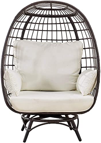 Sunjoy Cuddle Wicker Swivel Lounge, Oversized Indoor Outdoor Egg Chair with 4 Cushions for Patio, Backyard, Living Room, Brown