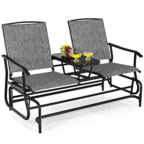 Safstar 2-Person Outdoor Glider, Patio Glider Bench Chairs with Center Tempered Glass Table & Breathable Loveseat, Double Swing Glider Chair for Porch Garden Poolside Balcony Lawn (Gray)