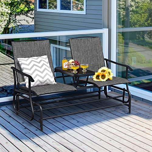 Safstar 2-Person Outdoor Glider, Patio Glider Bench Chairs with Center Tempered Glass Table & Breathable Loveseat, Double Swing Glider Chair for Porch Garden Poolside Balcony Lawn (Gray)