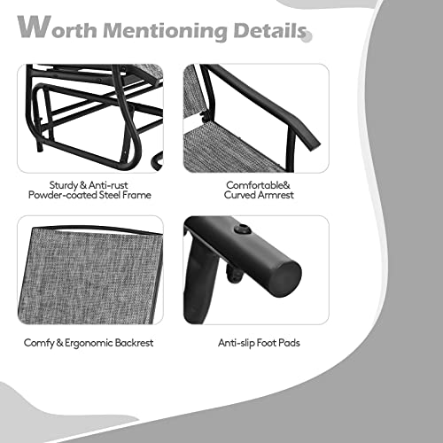 Safstar 2-Person Outdoor Glider, Patio Glider Bench Chairs with Center Tempered Glass Table & Breathable Loveseat, Double Swing Glider Chair for Porch Garden Poolside Balcony Lawn (Gray)