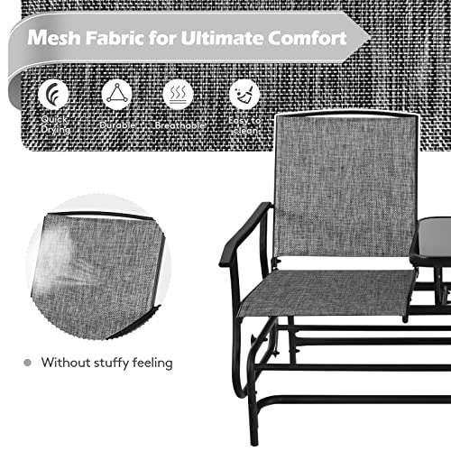 Safstar 2-Person Outdoor Glider, Patio Glider Bench Chairs with Center Tempered Glass Table & Breathable Loveseat, Double Swing Glider Chair for Porch Garden Poolside Balcony Lawn (Gray)