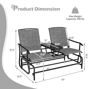 Safstar 2-Person Outdoor Glider, Patio Glider Bench Chairs with Center Tempered Glass Table & Breathable Loveseat, Double Swing Glider Chair for Porch Garden Poolside Balcony Lawn (Gray)