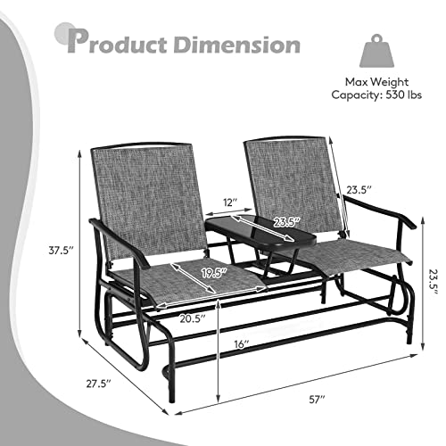 Safstar 2-Person Outdoor Glider, Patio Glider Bench Chairs with Center Tempered Glass Table & Breathable Loveseat, Double Swing Glider Chair for Porch Garden Poolside Balcony Lawn (Gray)