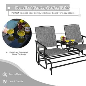 Safstar 2-Person Outdoor Glider, Patio Glider Bench Chairs with Center Tempered Glass Table & Breathable Loveseat, Double Swing Glider Chair for Porch Garden Poolside Balcony Lawn (Gray)