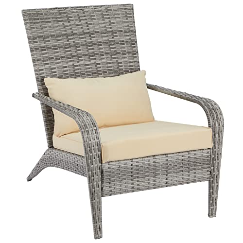 AECOJOY Patio Adirondack Wicker Chair,Outdoor Coconino Wicker Chair with Cushion and Pillow,All Weather High Back Rattan Wicker Patio Dining Chair for Garden,Backyard,Porch,Grey