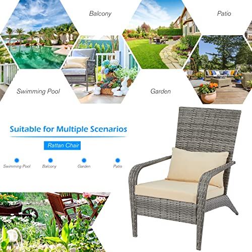 AECOJOY Patio Adirondack Wicker Chair,Outdoor Coconino Wicker Chair with Cushion and Pillow,All Weather High Back Rattan Wicker Patio Dining Chair for Garden,Backyard,Porch,Grey