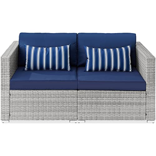 Best Choice Products 2-Person Outdoor Patio Loveseat Sofa, Modular Wicker Couch Furniture Conversation Set w/ 2 Accent Pillows, Adjustable Feet, 550lb Weight Capacity - Gray/Navy