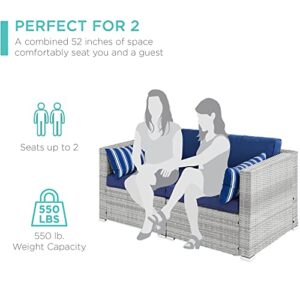 Best Choice Products 2-Person Outdoor Patio Loveseat Sofa, Modular Wicker Couch Furniture Conversation Set w/ 2 Accent Pillows, Adjustable Feet, 550lb Weight Capacity - Gray/Navy