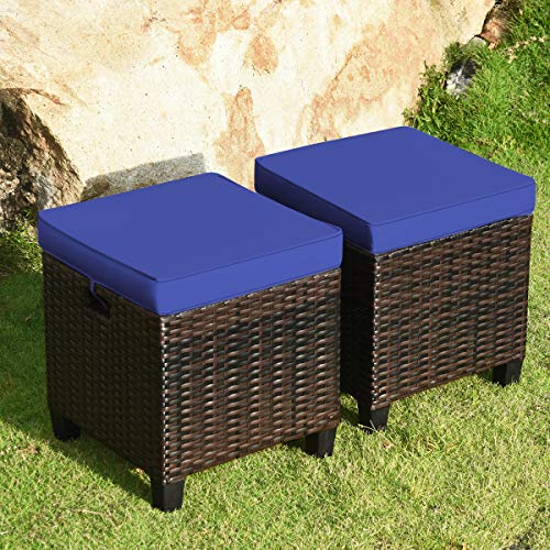 HAPPYGRILL 2pcs Patio Ottoman Set Outdoor Rattan Wicker Ottoman Seat with Removable Cushions Patio Furniture Footstool Footrest Seat