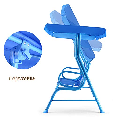 Happygrill Mini Patio Swing 2 Seats Porch Swing with Safety Belt Outdoor Lounge Chair Hammock with Canopy for Kids, Blue