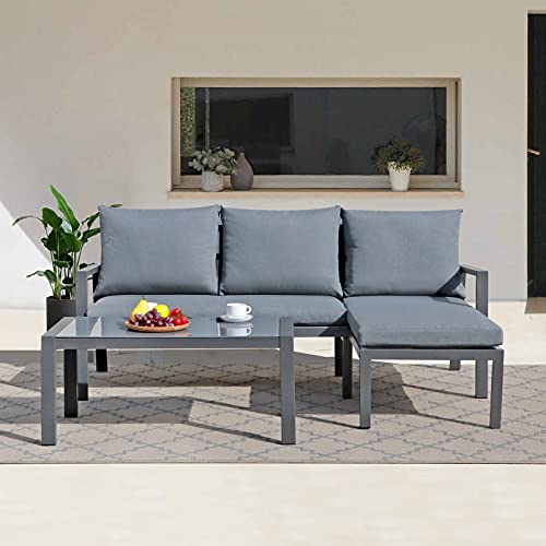 Soleil Jardin Outdoor Patio Furniture Set with Chaise Lounge, Aluminum Sofa Set for Porch Garden, Space Saving L-Shaped Corner Sectional Chair with Glass Coffee Table, Dark Grey Finish & Grey Cushion