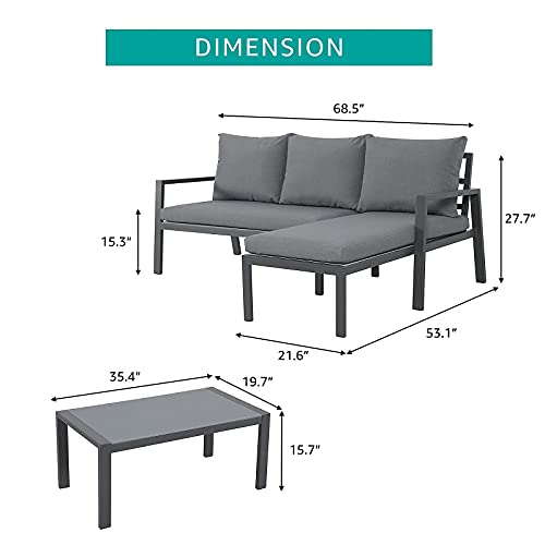 Soleil Jardin Outdoor Patio Furniture Set with Chaise Lounge, Aluminum Sofa Set for Porch Garden, Space Saving L-Shaped Corner Sectional Chair with Glass Coffee Table, Dark Grey Finish & Grey Cushion