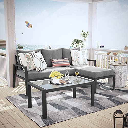 Soleil Jardin Outdoor Patio Furniture Set with Chaise Lounge, Aluminum Sofa Set for Porch Garden, Space Saving L-Shaped Corner Sectional Chair with Glass Coffee Table, Dark Grey Finish & Grey Cushion