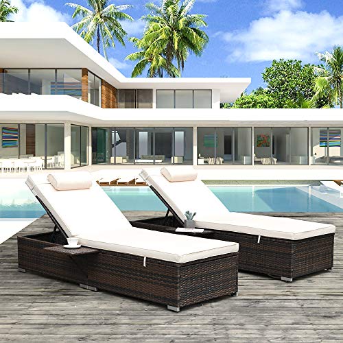 Patio Chairs Set of 2 - Chaise Lounge Chairs for Outside Beach Pool Sunbathing Lawn Lounger Recliner Chair, Outdoor PE Wicker Chair Adjustable Backrest Rattan Chairs with Folding Table and 2 Cushions