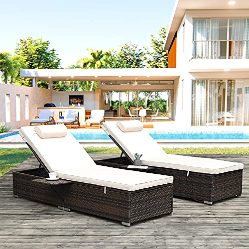 Patio Chairs Set of 2 - Chaise Lounge Chairs for Outside Beach Pool Sunbathing Lawn Lounger Recliner Chair, Outdoor PE Wicker Chair Adjustable Backrest Rattan Chairs with Folding Table and 2 Cushions