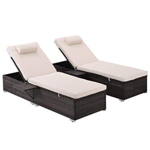 Patio Chairs Set of 2 - Chaise Lounge Chairs for Outside Beach Pool Sunbathing Lawn Lounger Recliner Chair, Outdoor PE Wicker Chair Adjustable Backrest Rattan Chairs with Folding Table and 2 Cushions