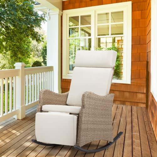 HOMREST Outdoor Recliner Chair,Rattan Wicker Rocking Chair,Patio Reclining Lounge Chaise with Soft Removable Cushion,Adjustable Footrest,Beige