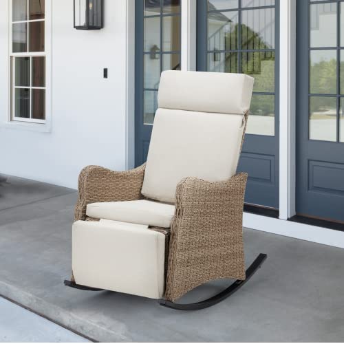 HOMREST Outdoor Recliner Chair,Rattan Wicker Rocking Chair,Patio Reclining Lounge Chaise with Soft Removable Cushion,Adjustable Footrest,Beige