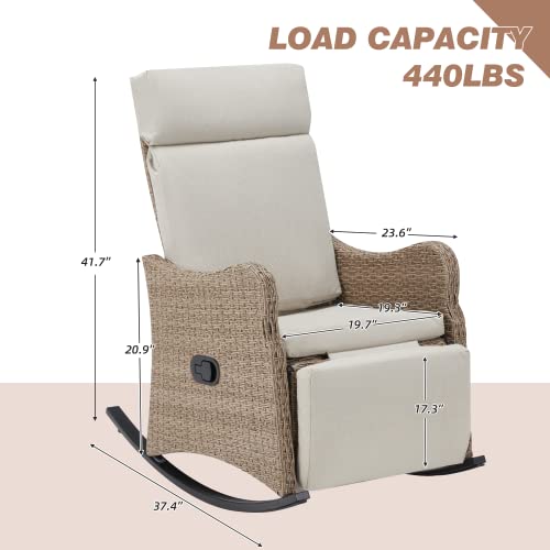 HOMREST Outdoor Recliner Chair,Rattan Wicker Rocking Chair,Patio Reclining Lounge Chaise with Soft Removable Cushion,Adjustable Footrest,Beige